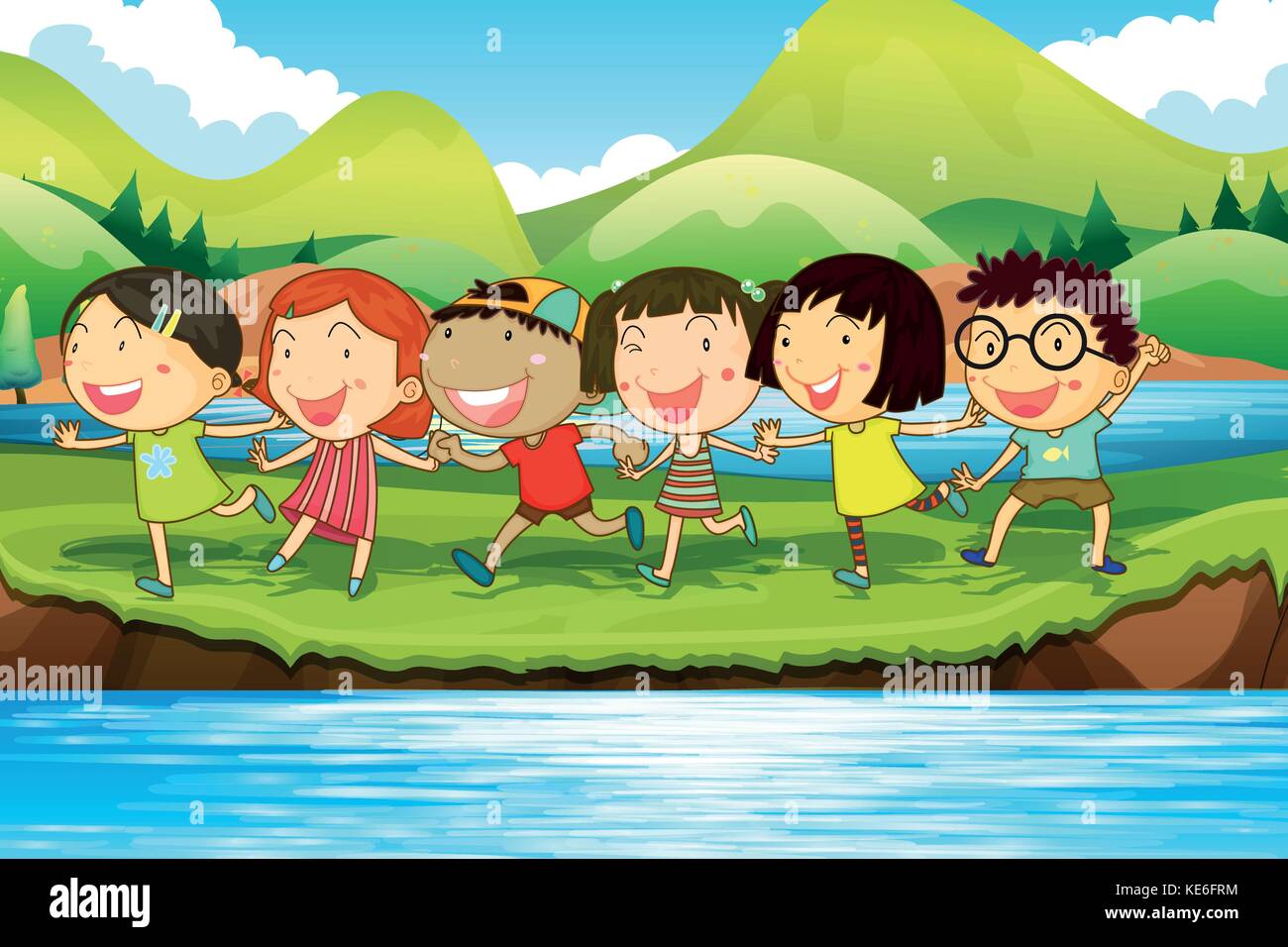 Children having fun at the pond illustration Stock Vector Image & Art ...
