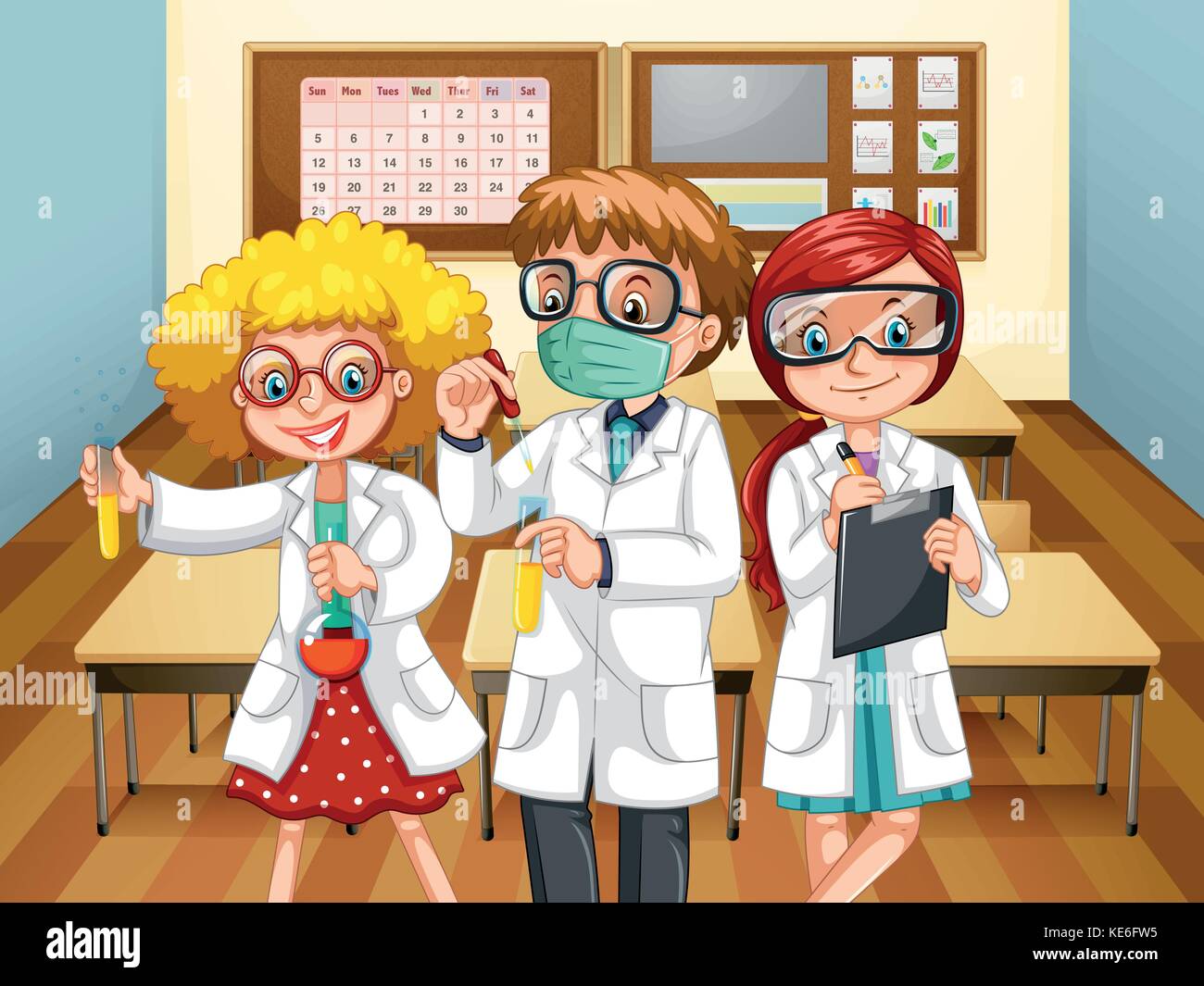 Three scientists with beakers in the classroom illustration Stock ...