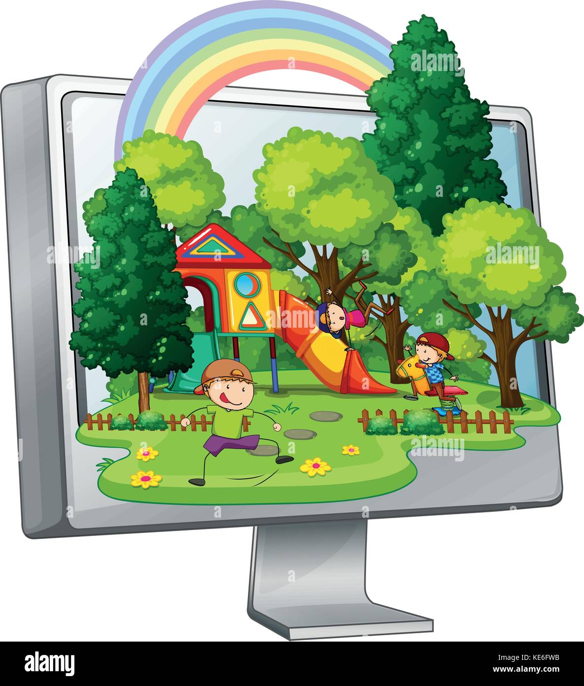 Children playing in the playground on computer screen illustration ...