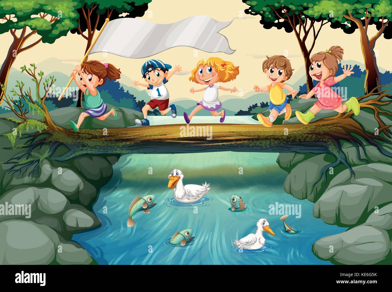 Children hiking in the woods illustration Stock Vector Image & Art - Alamy