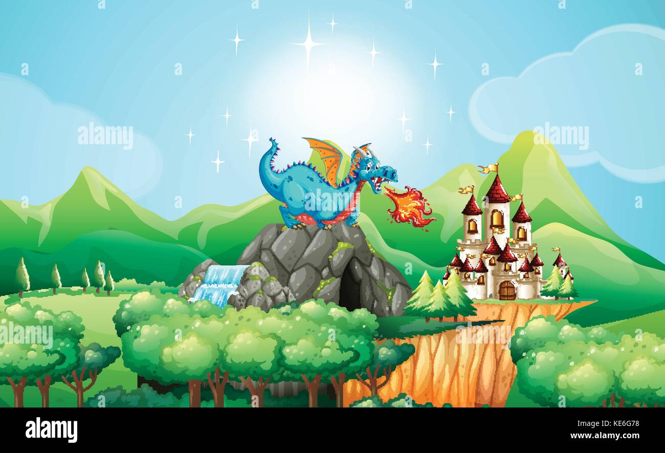 Dragon blowing fire over the castle illustration Stock Vector Image ...