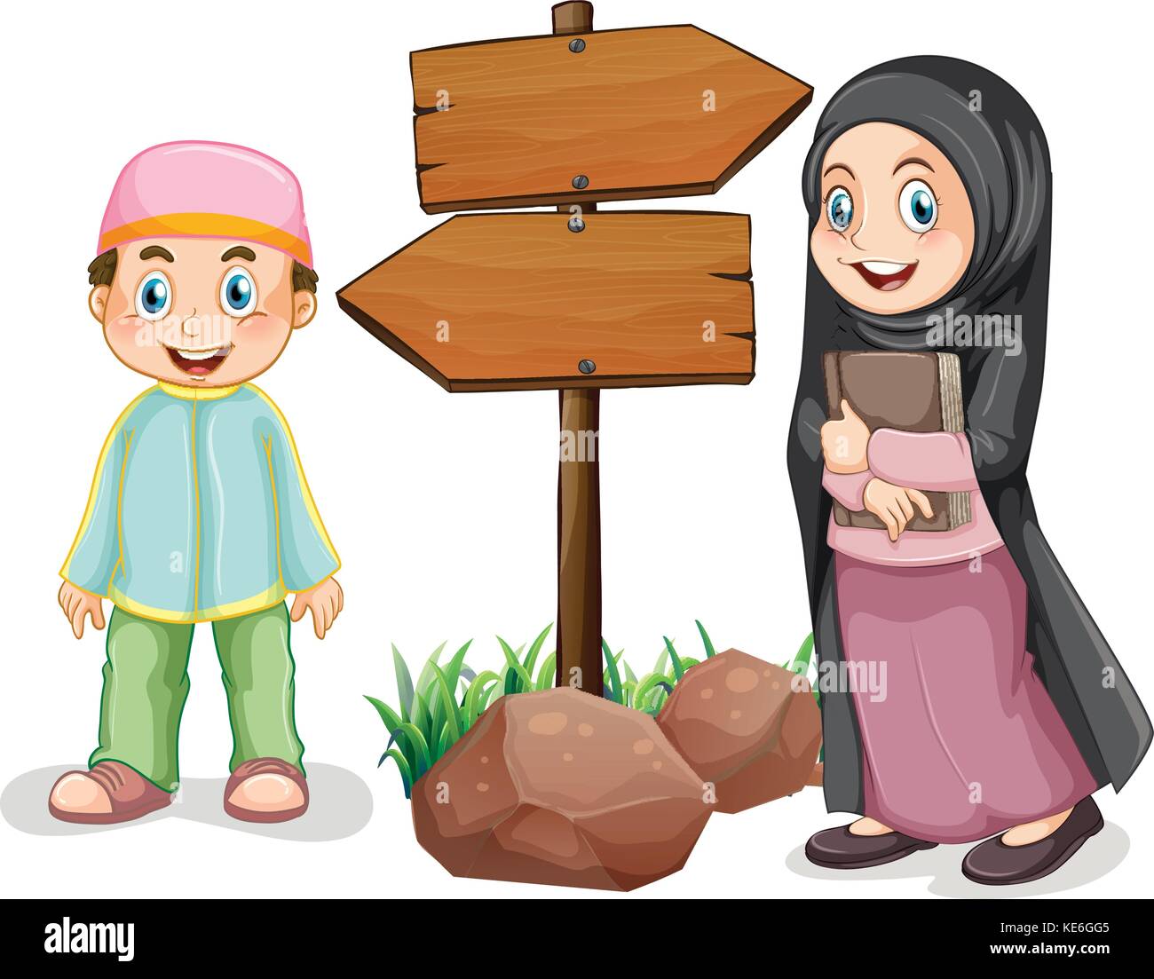 Two muslim kids and wooden signs illustration Stock Vector Image & Art ...