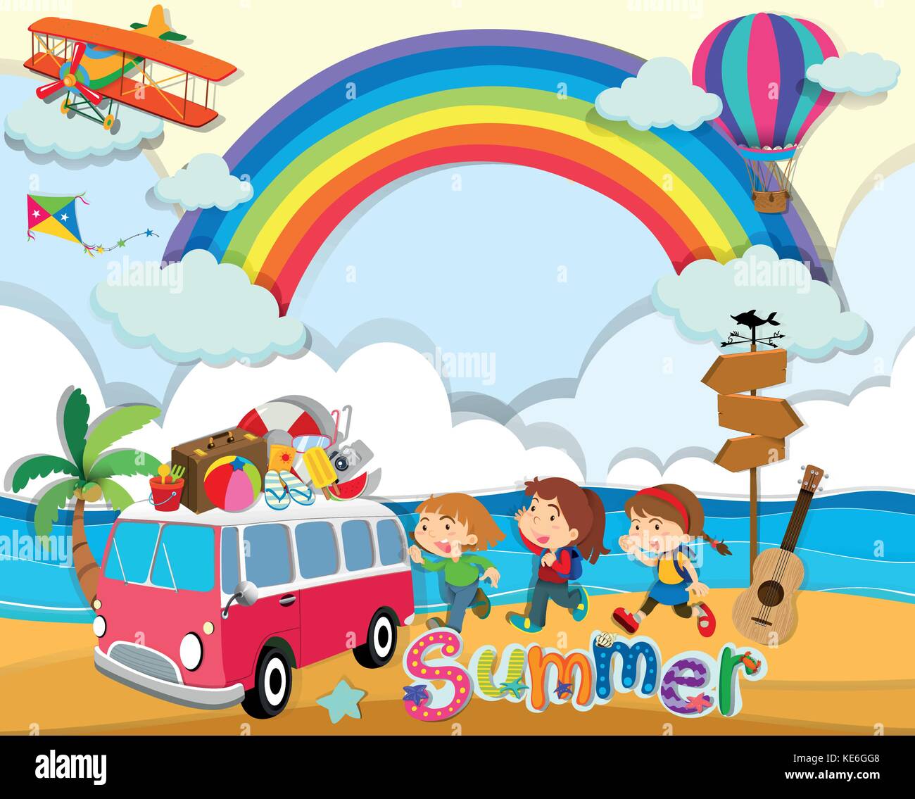 Summer theme with children and van illustration Stock Vector Image ...