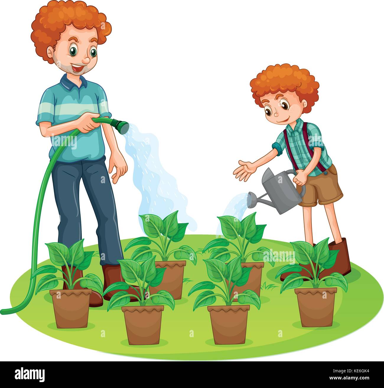 Father and son watering the plants illustration Stock Vector Image ...