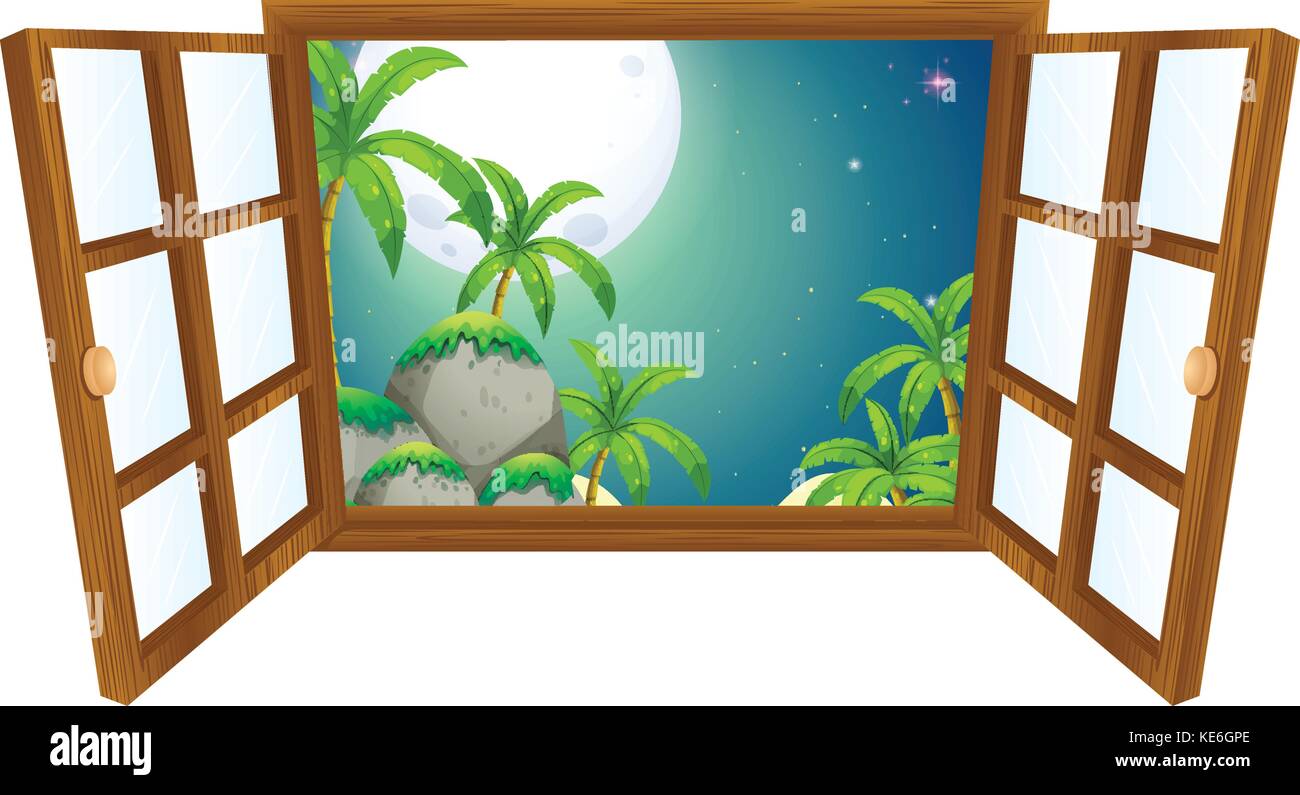 Window view with mountain at night illustration Stock Vector Image ...