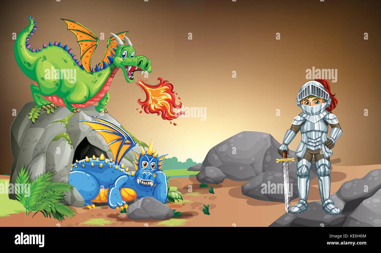 Knight with two dragons in the cave illustration Stock Vector Image ...