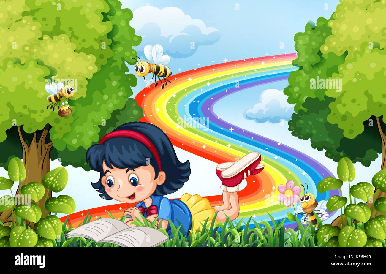 Girl reading book in the park illustration Stock Vector Image & Art - Alamy