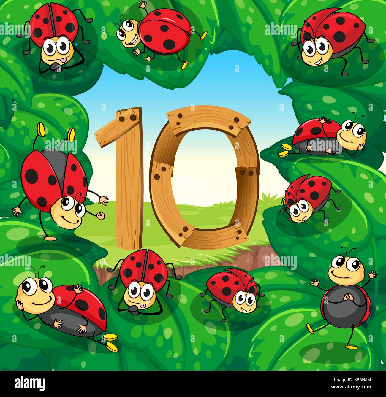 Number 10 with 10 ladybugs on leaves illustration Stock Vector Image ...