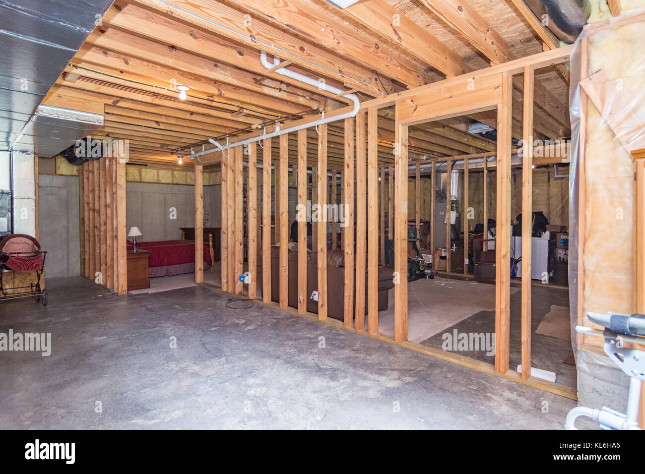 Unfinished basement interior of middle class American home in Kentucky ...