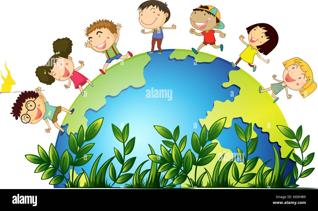 Children running around the globe illustration Stock Vector Image & Art ...