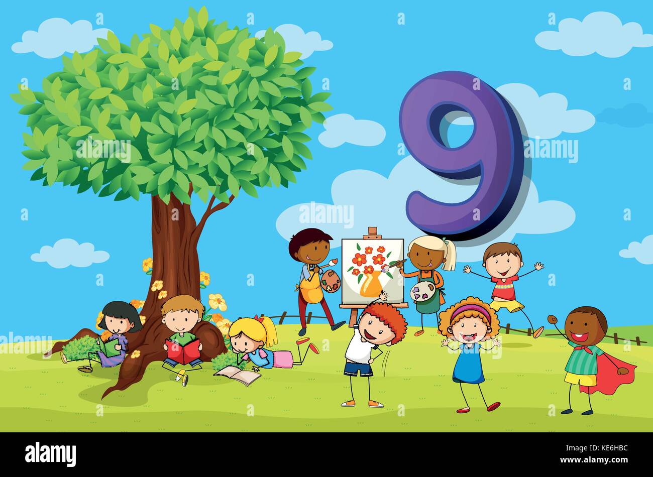 Flashcard number 9 with nine children in the park illustration Stock ...