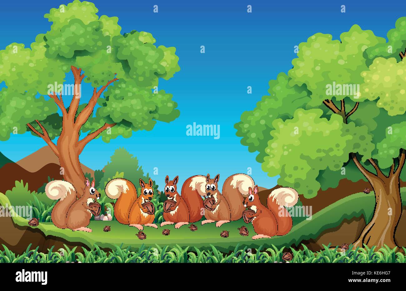 Five squirrels eating walnuts in park illustration Stock Vector Image ...