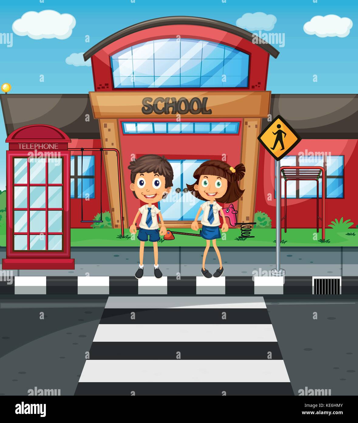 Two students crossing road in front of school illustration Stock Vector ...