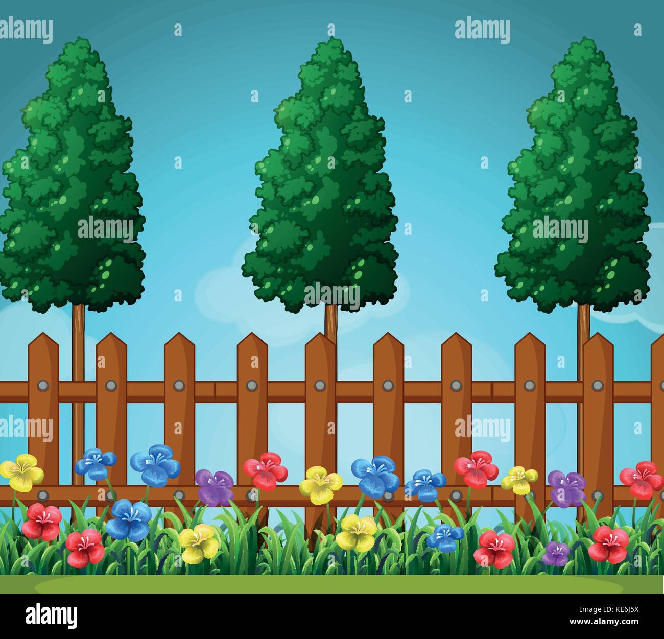 Scene with trees and wooden fence illustration Stock Vector Image & Art ...