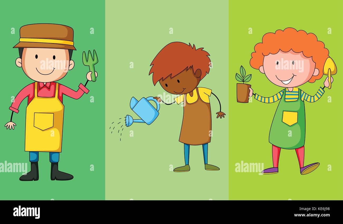Three gardeners and their tools illustration Stock Vector Image & Art ...