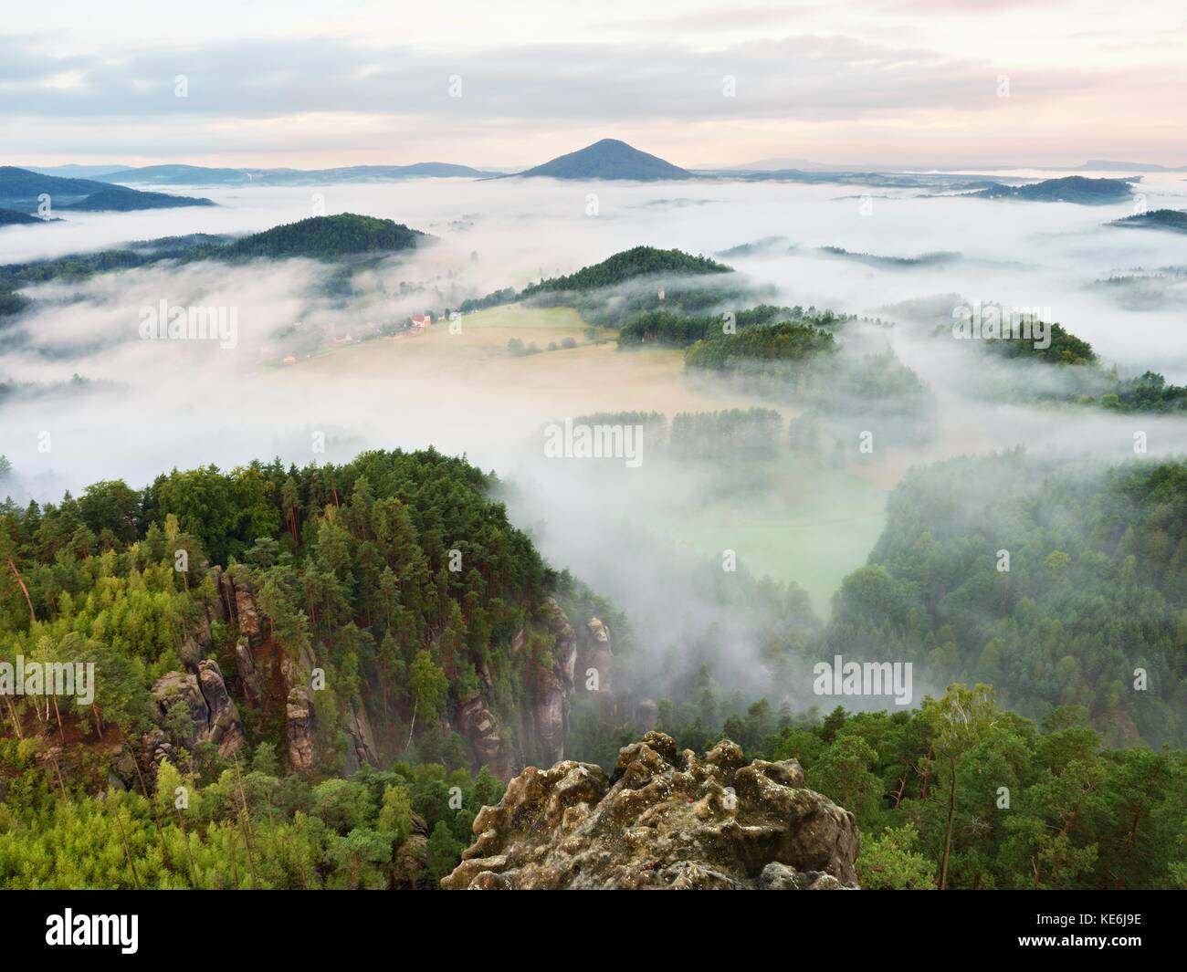 Spring misty landscape. Morning in beautiful hills of natural park ...