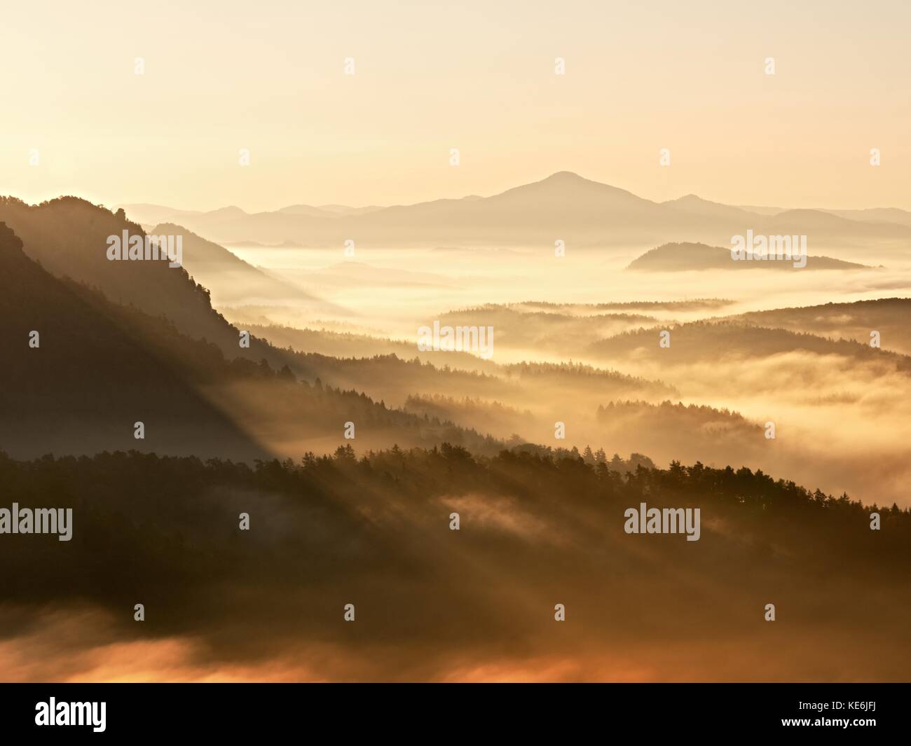 Autumn sunrise above above forest, fall colorful valley full of dense ...