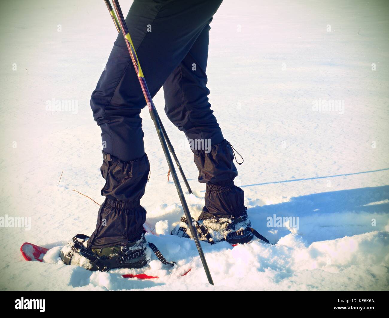 Man legs with snowshoes walk in snow. Detail of winter hike in ...