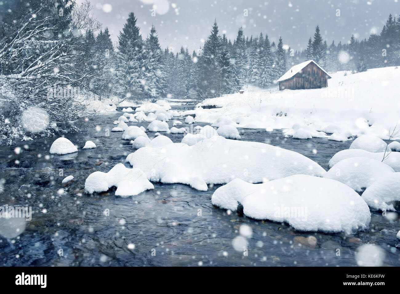 Snowing, fresh snow in the mountains. Snowy fir trees. Christmas ...