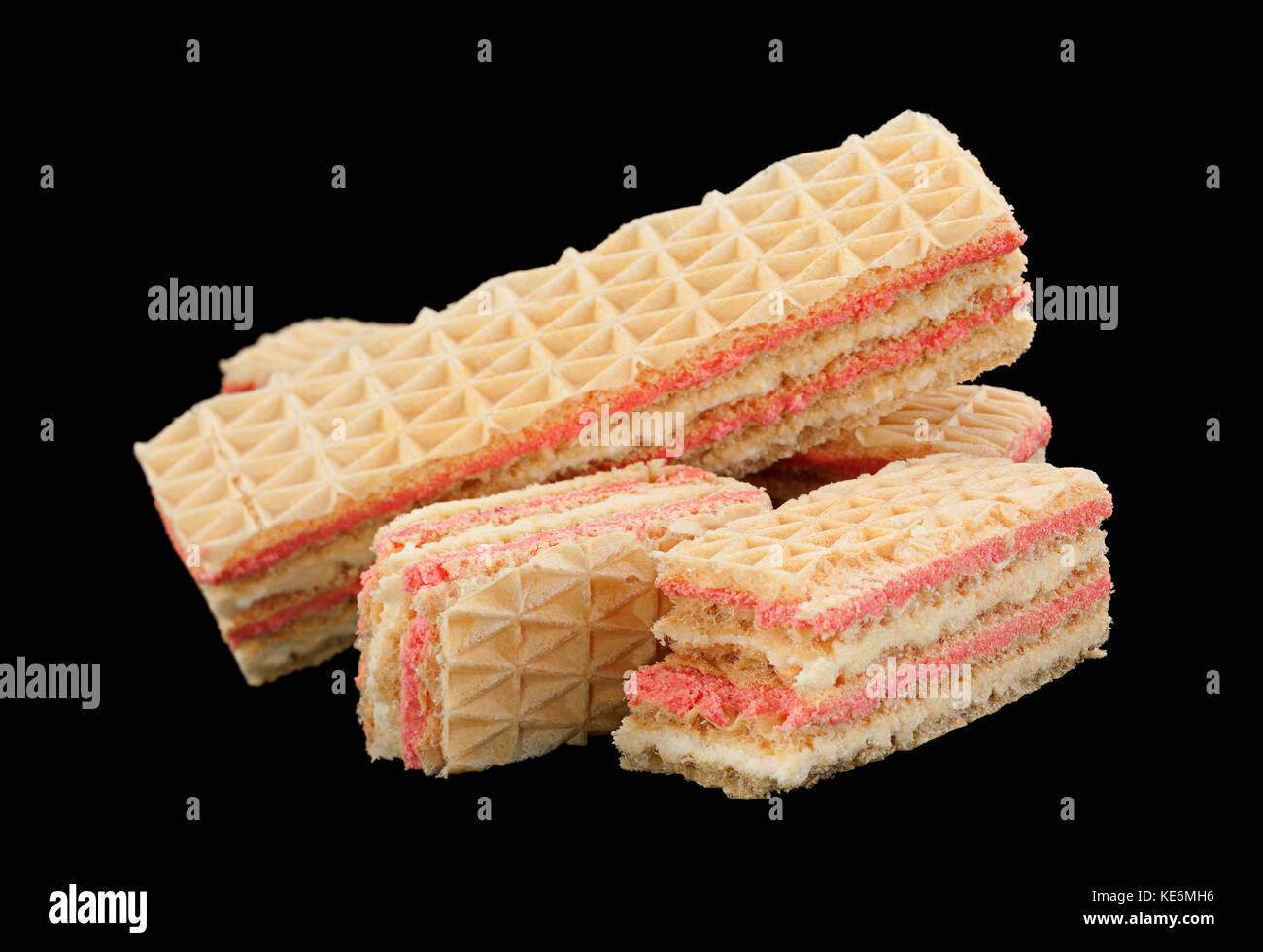 Strawberry yellow wafer closeup isolated on black background Stock ...