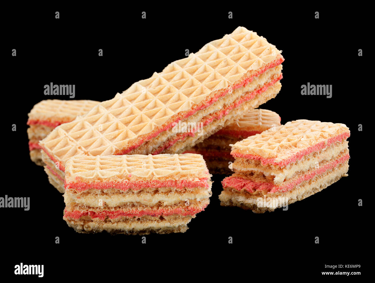 Strawberry yellow wafer closeup isolated on black background Stock ...