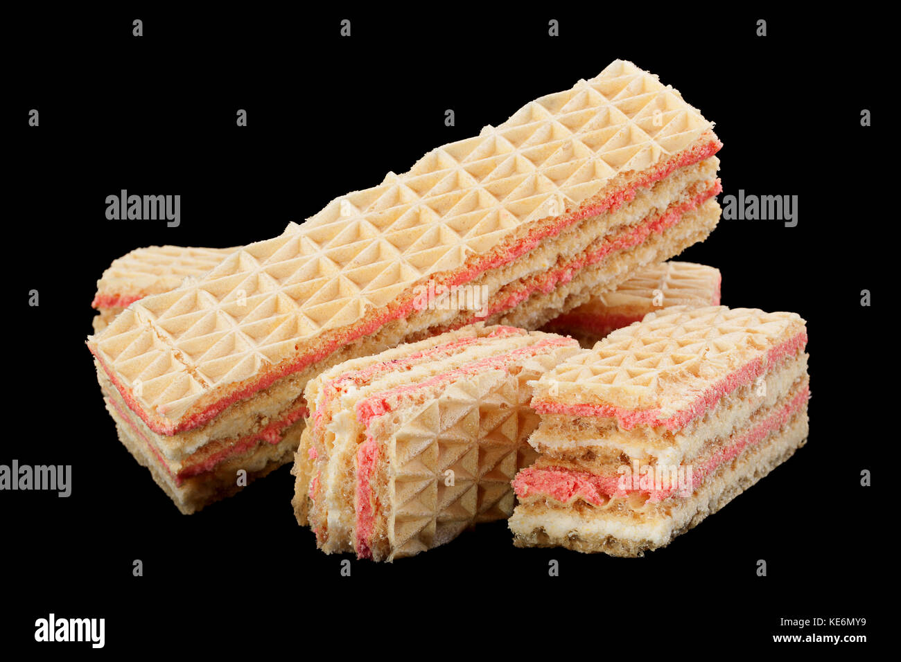 Strawberry yellow wafer closeup isolated on black background Stock ...