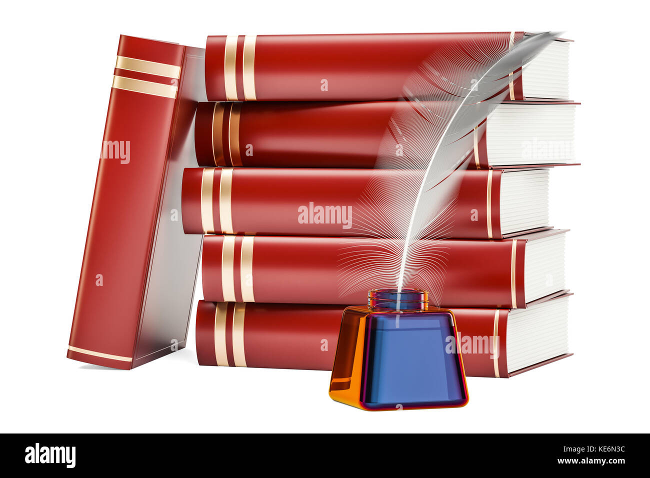 Stack of books with feather and ink bottle, 3D rendering isolated on ...
