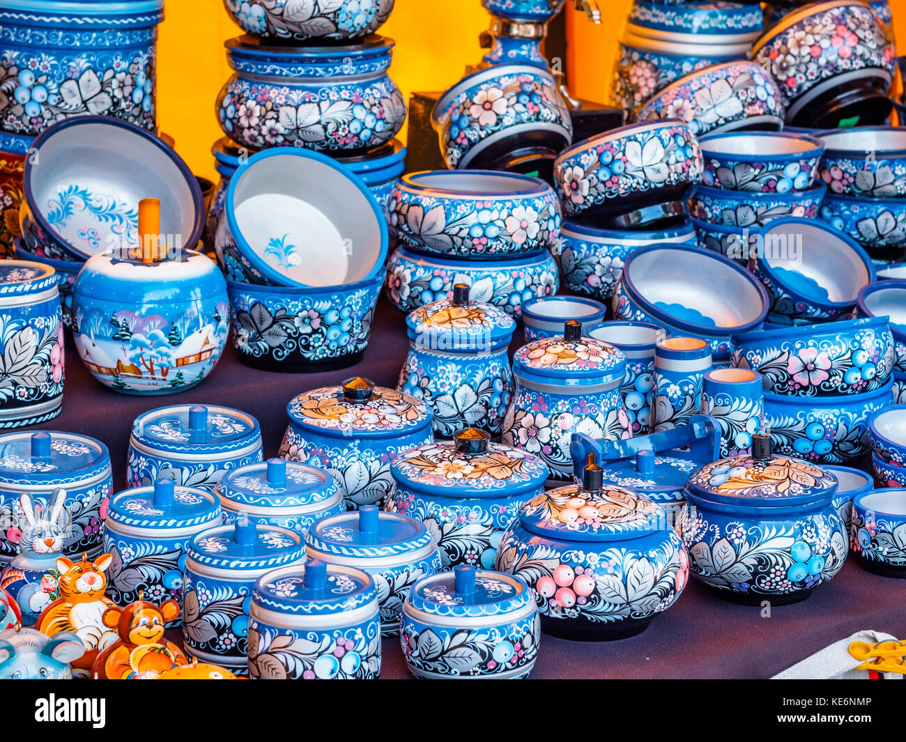 Uglich, Russia - 20 July 2017: Russian wooden utensils. Painted in ...