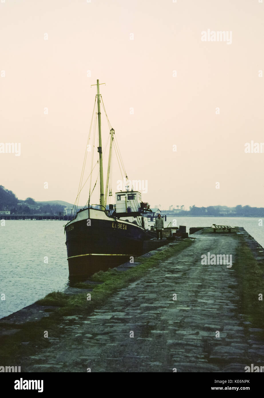 Coal-fired Clyde puffer cargo ship, named Eloesa, moored at pier ...