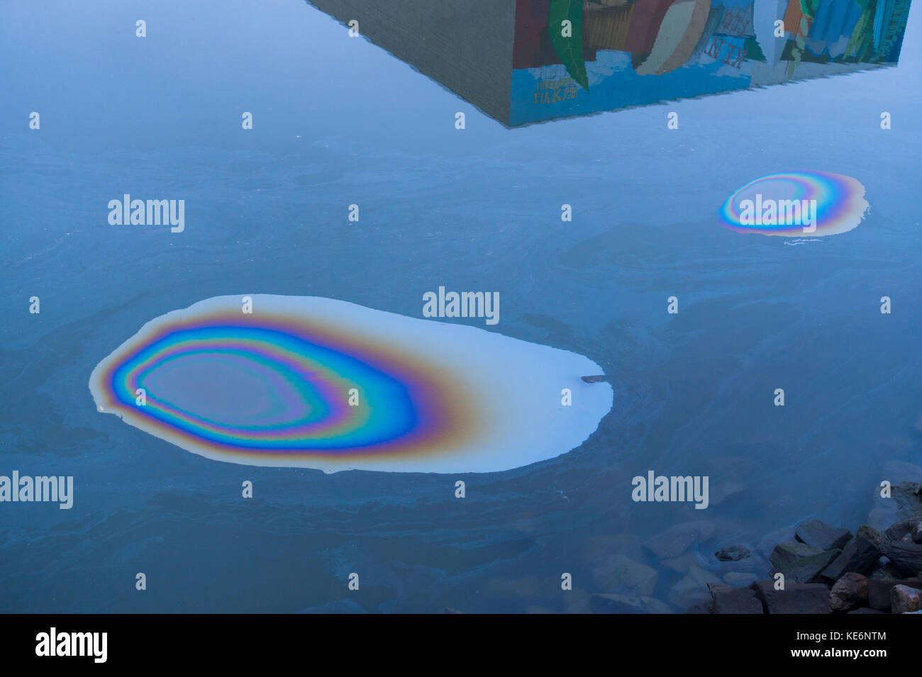 oil slick floating on water in Gowanus canal Brooklyn NYC Stock Photo ...