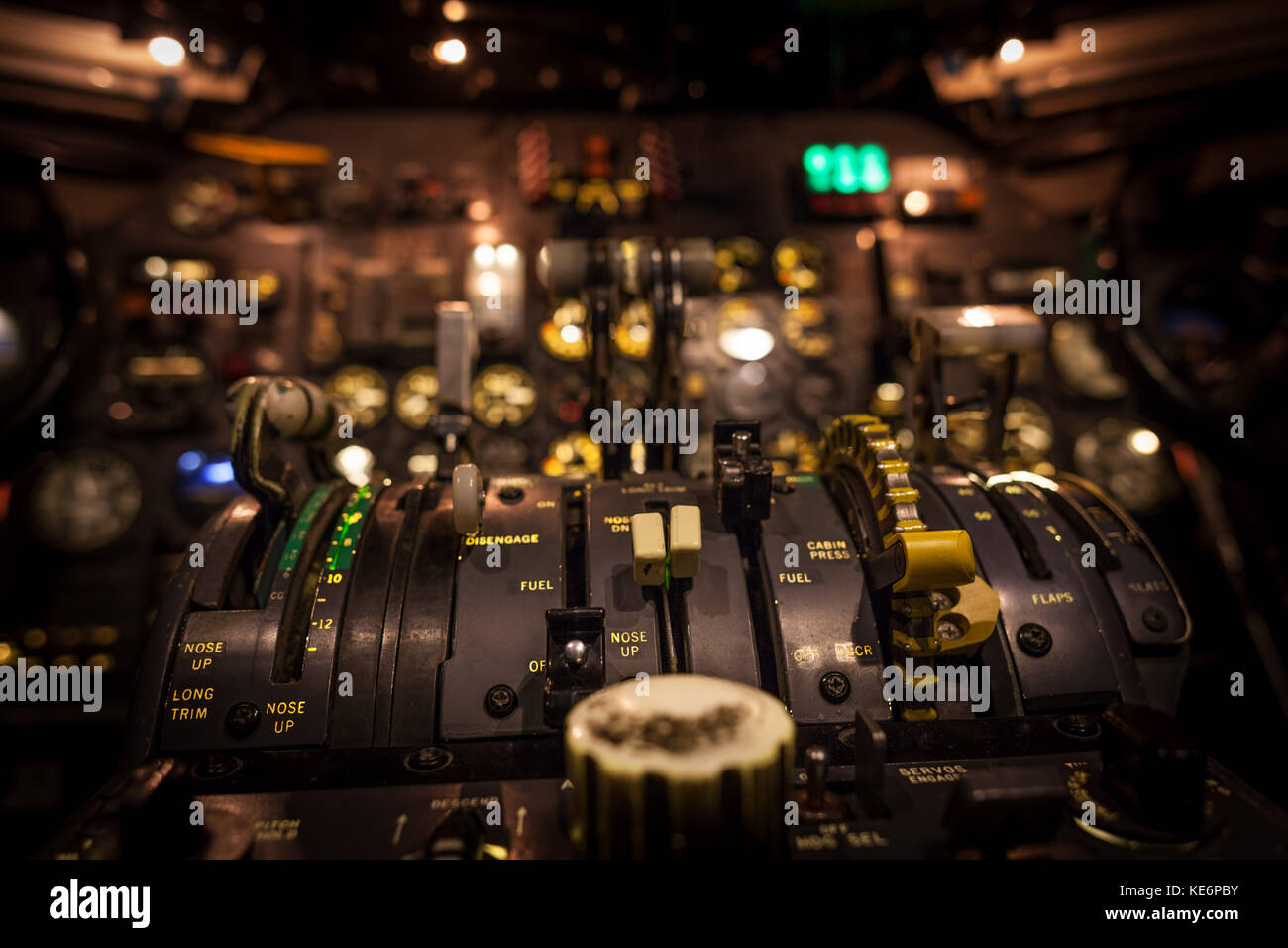 Control levers in airplane cockpit closeup with selective focus Stock ...