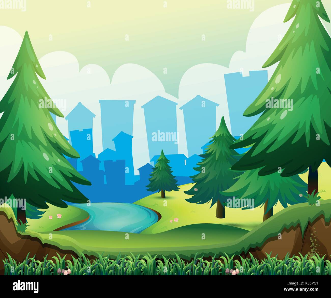 Forest view illustration with city buildings behind Stock Vector Image ...