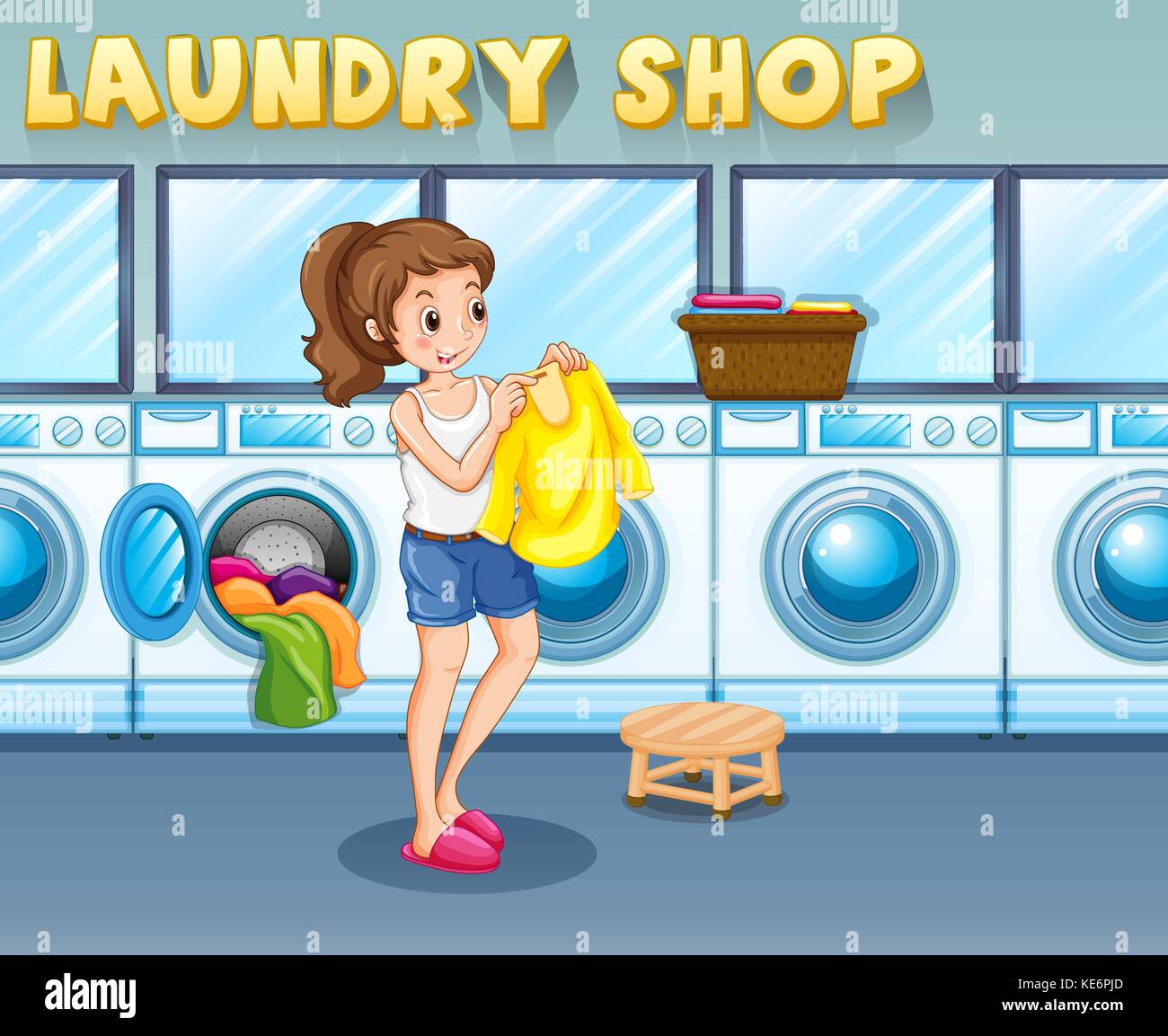 Girl doing laundry in the laundry shop Stock Vector Image & Art - Alamy