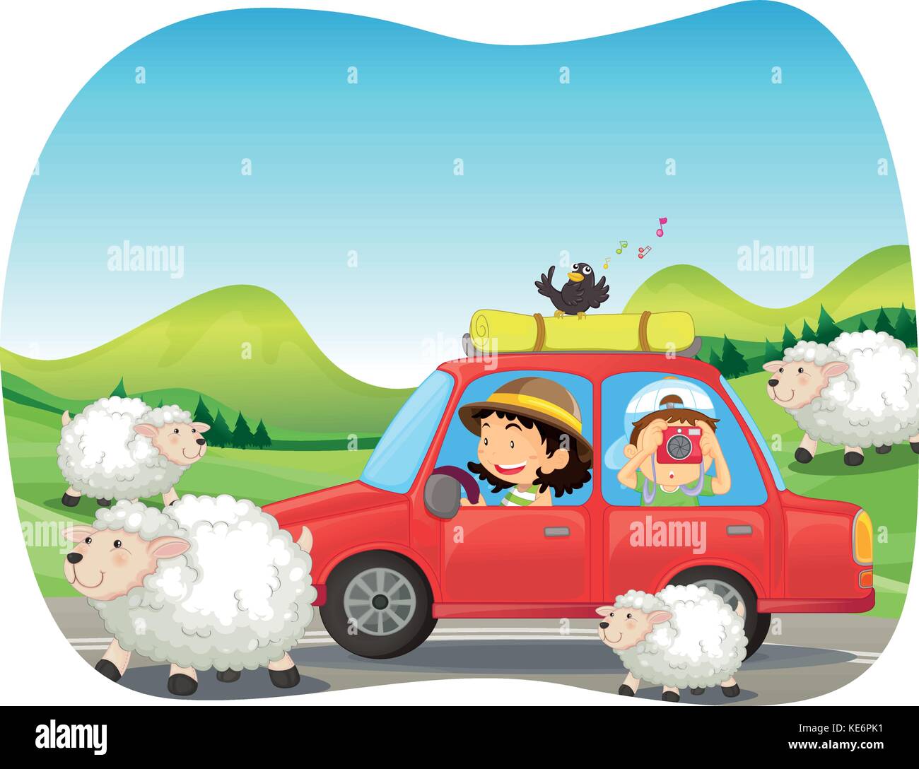 Roadtrip to the countryside with sheeps and field background Stock ...