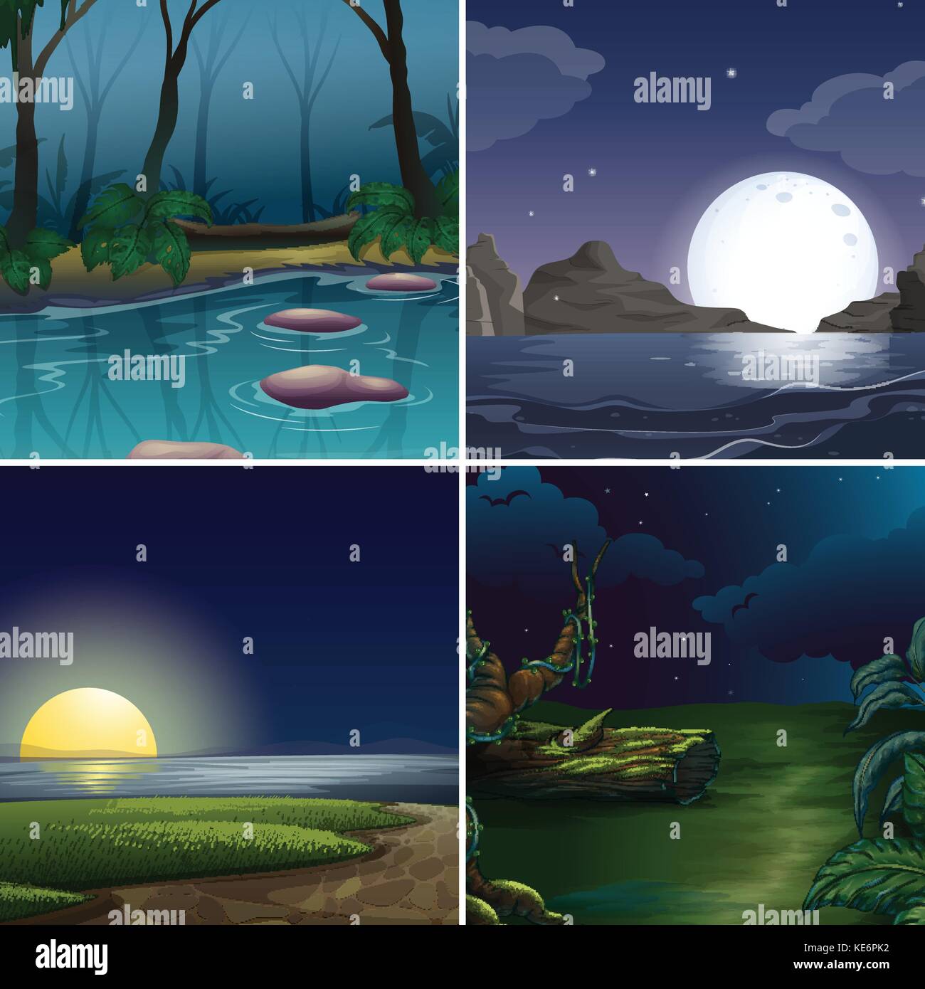 Four night scenes of the forest and lake Stock Vector Image & Art - Alamy