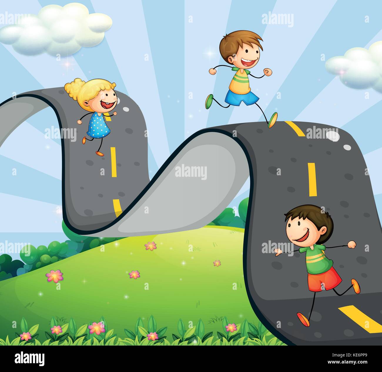 Children running along the curve road Stock Vector Image & Art - Alamy
