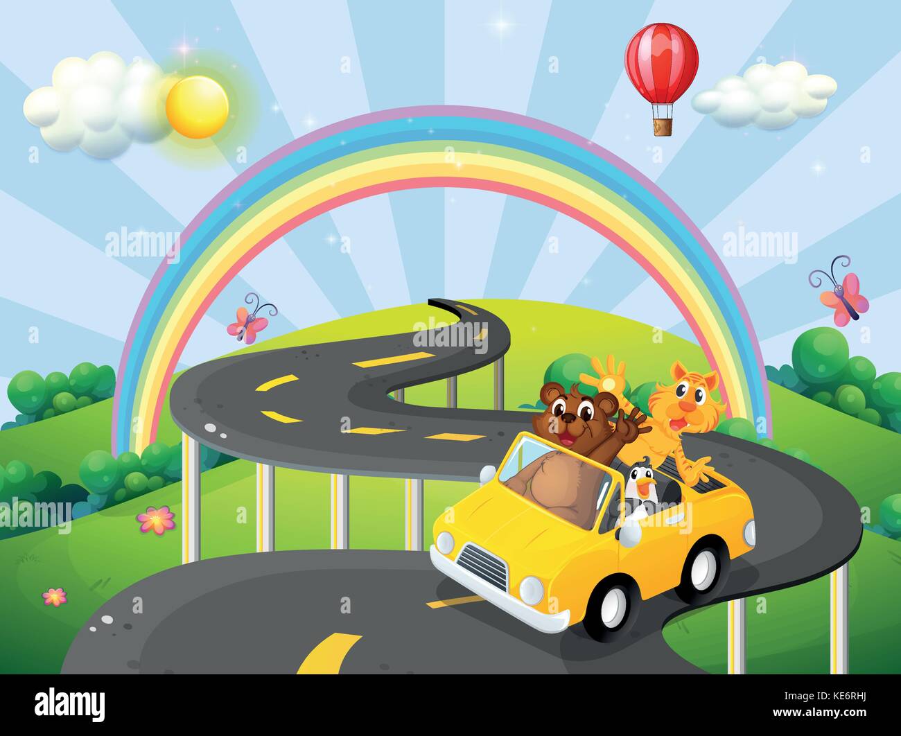 Animals riding convertible car with rainbow background Stock Vector ...