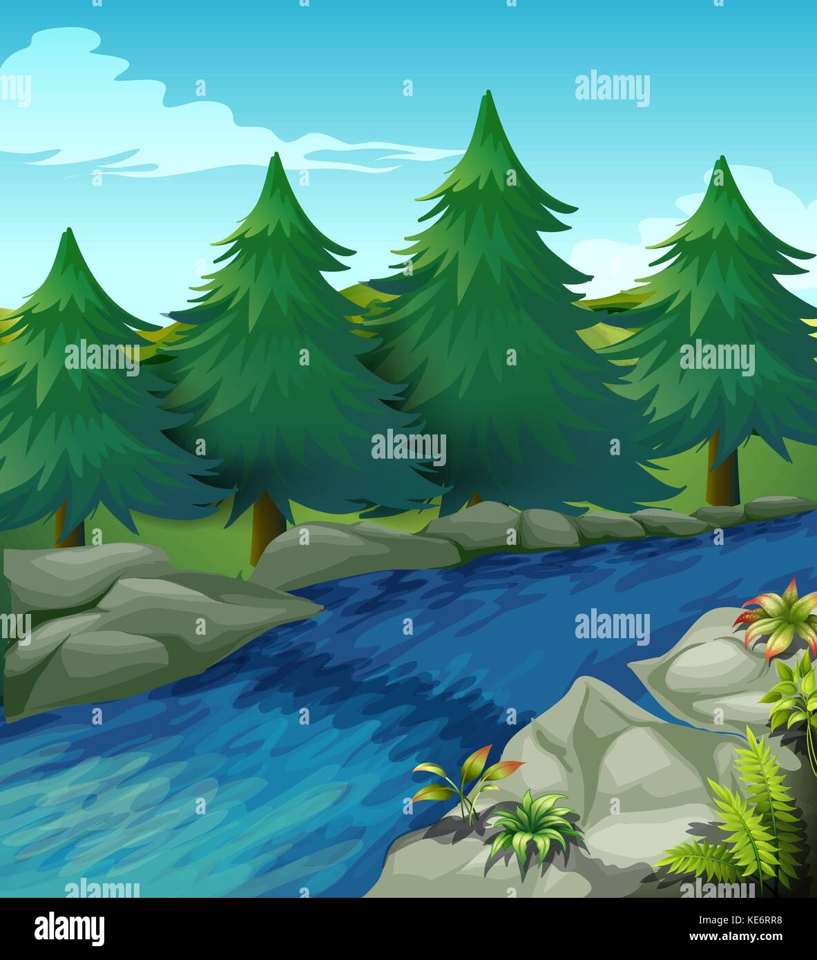 Illustration of a river with pine trees alongside Stock Vector Image ...