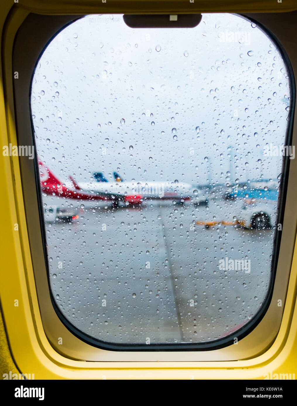 View from the airplane window in rainy non-flying weather rain Stock ...