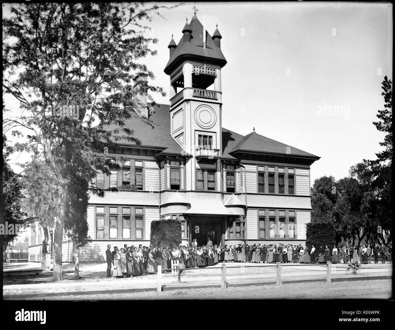 Students and teachers standing in front of Pomona High School, ca.1900 ...