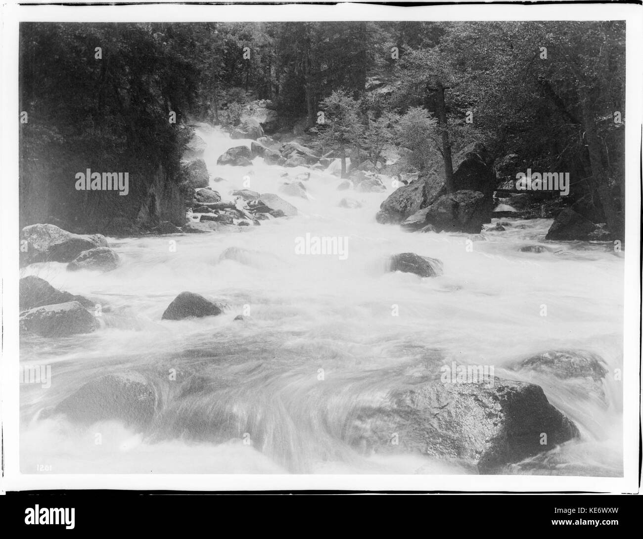A historical photograph of the Merced River rapids at Happy Isle in ...