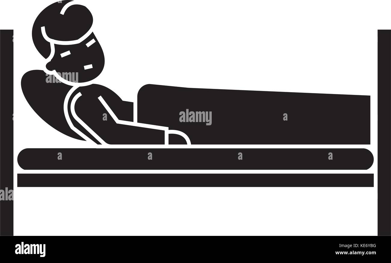 patient in hospital bed icon, vector illustration, black sign on ...