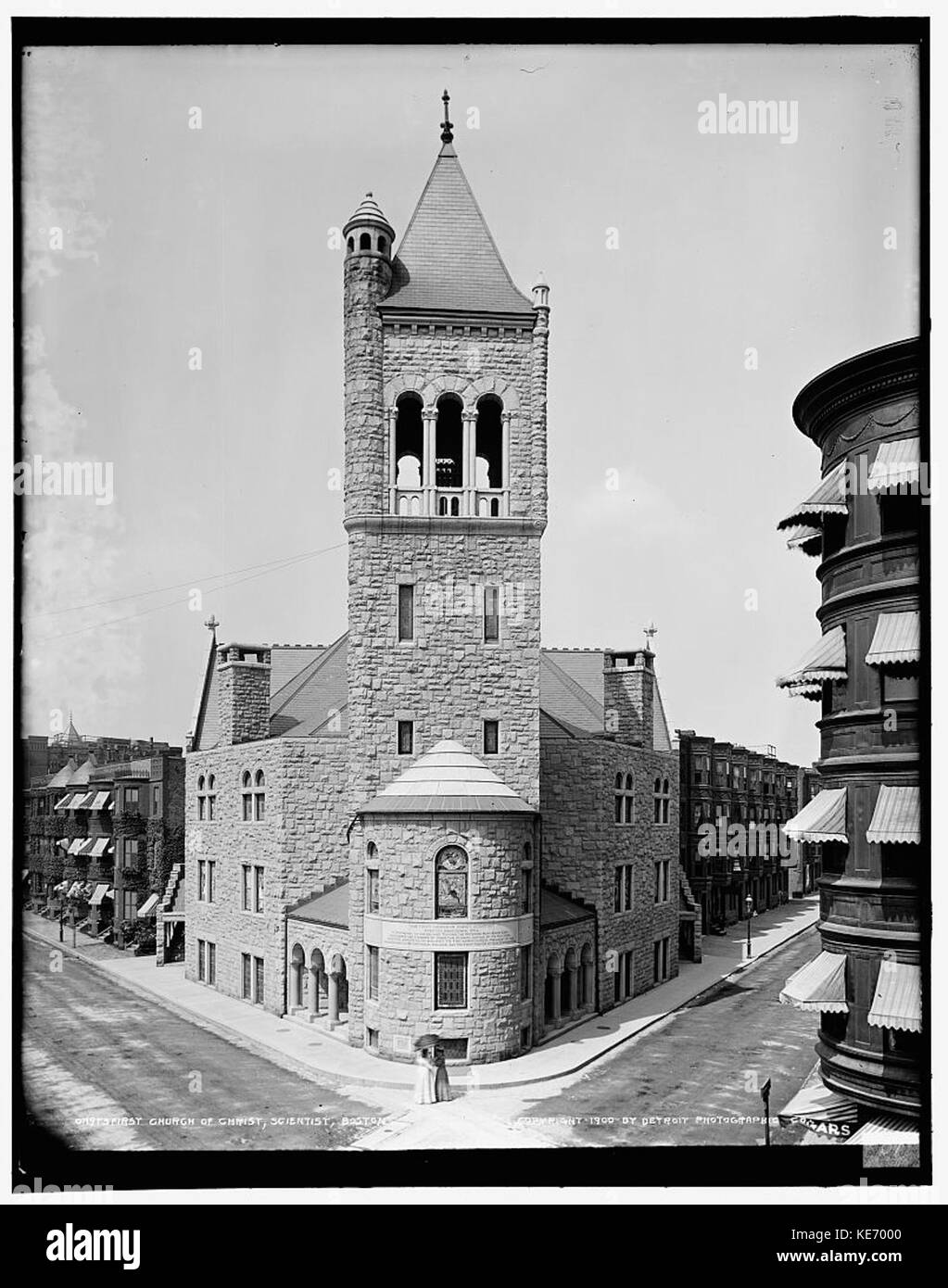 This historical image shows the front view of The First Church of ...