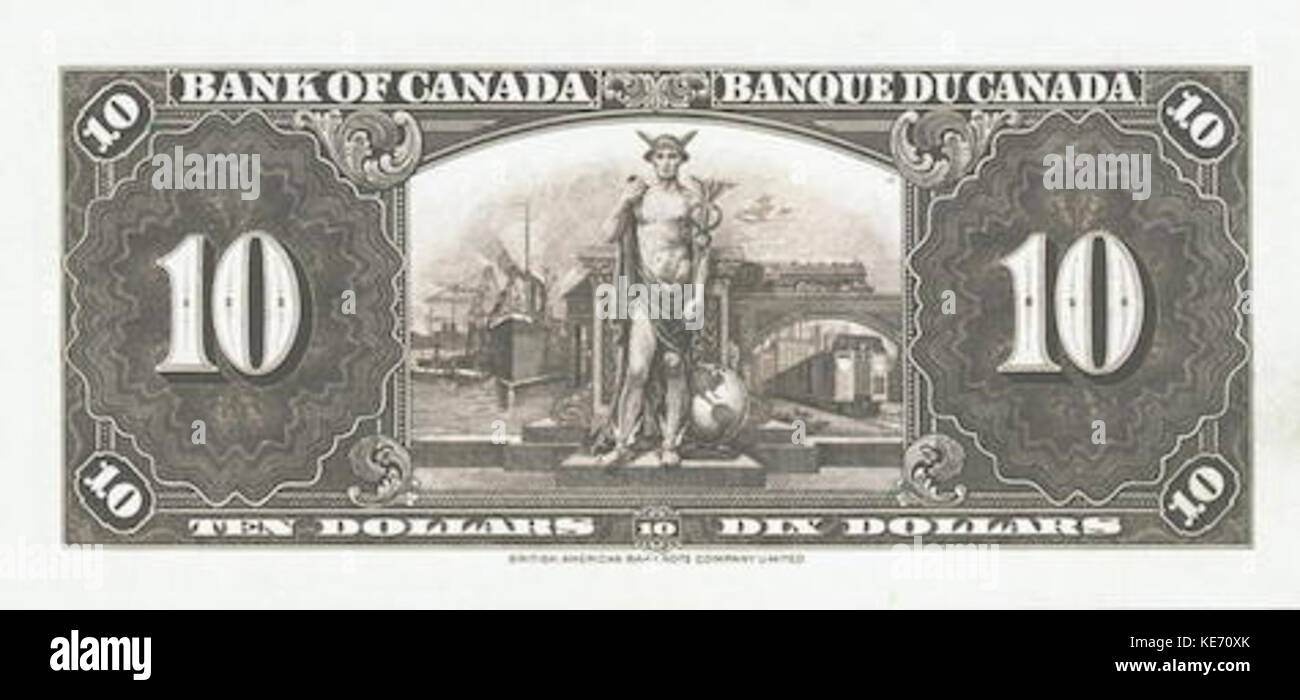 A 1937 Canadian banknote, the 10-dollar bill, featuring a historic ...
