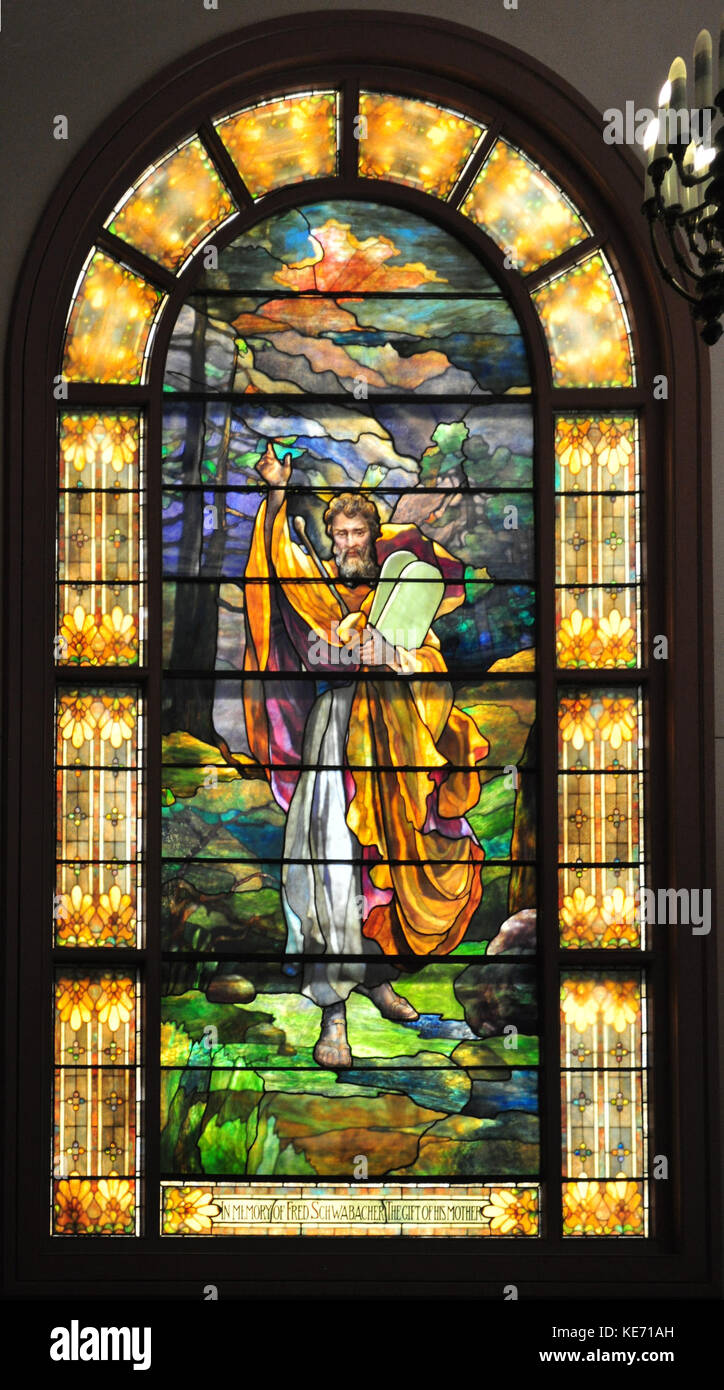 Stained glass depicting Moses holding the Tablets of the Law at the ...