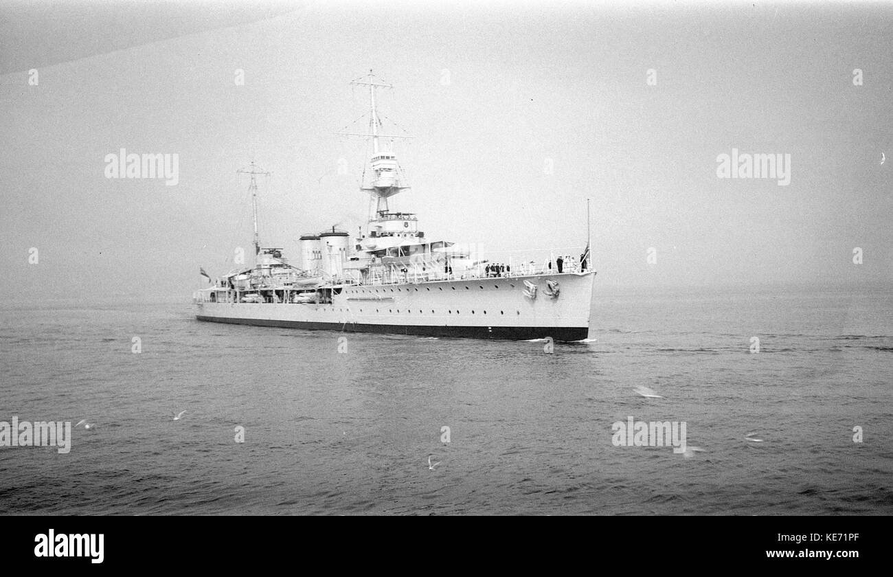 This photograph shows the HMS Danae from a starboard bow view in ...