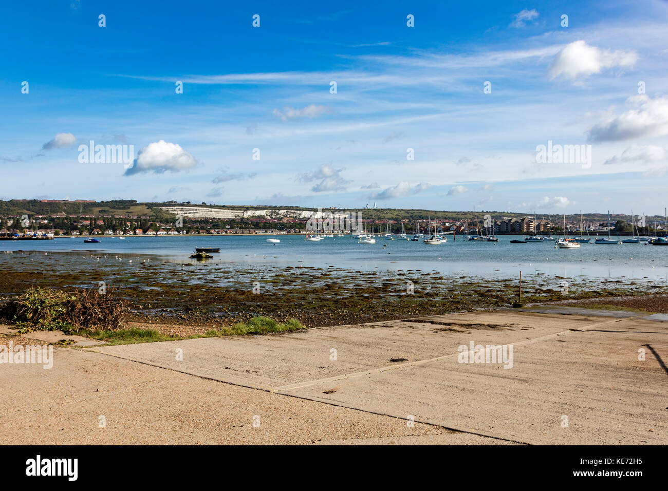View of Portsdown hill across Portsmouth North Harbour from the Hard at ...