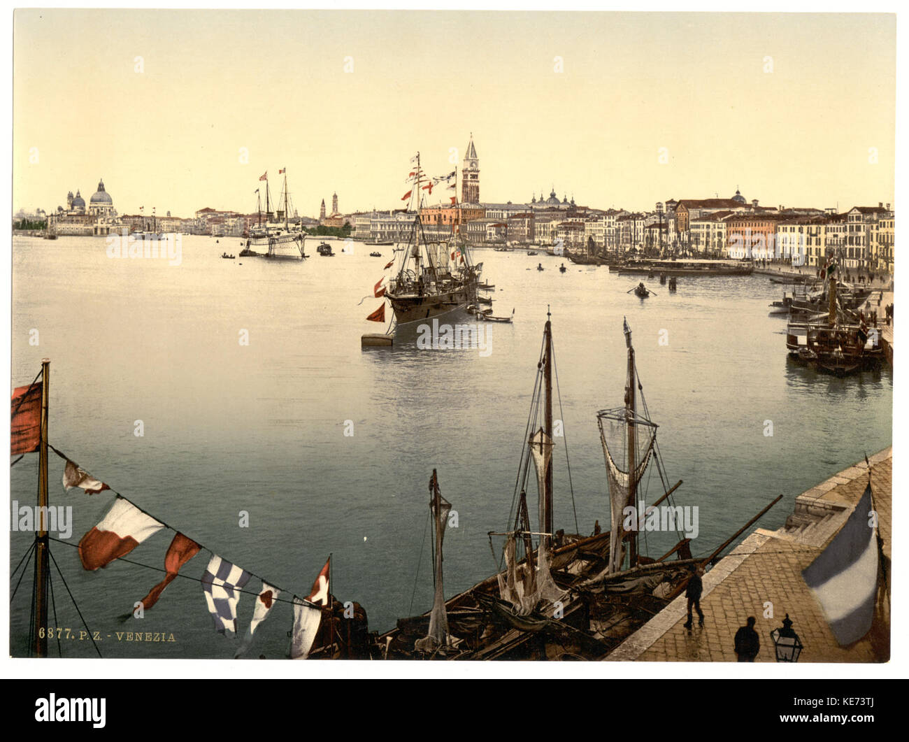 This image depicts the harbor of Venice, Italy, showcasing the iconic ...