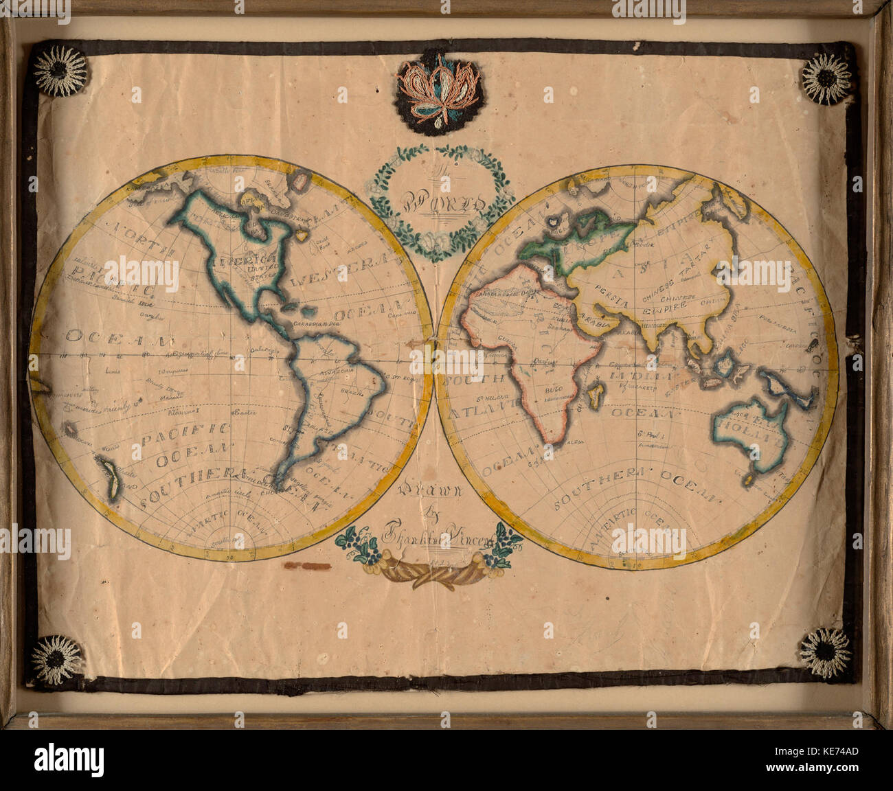 World hemispheres map of 1823 by Thankful Vincent hand drawn and ...