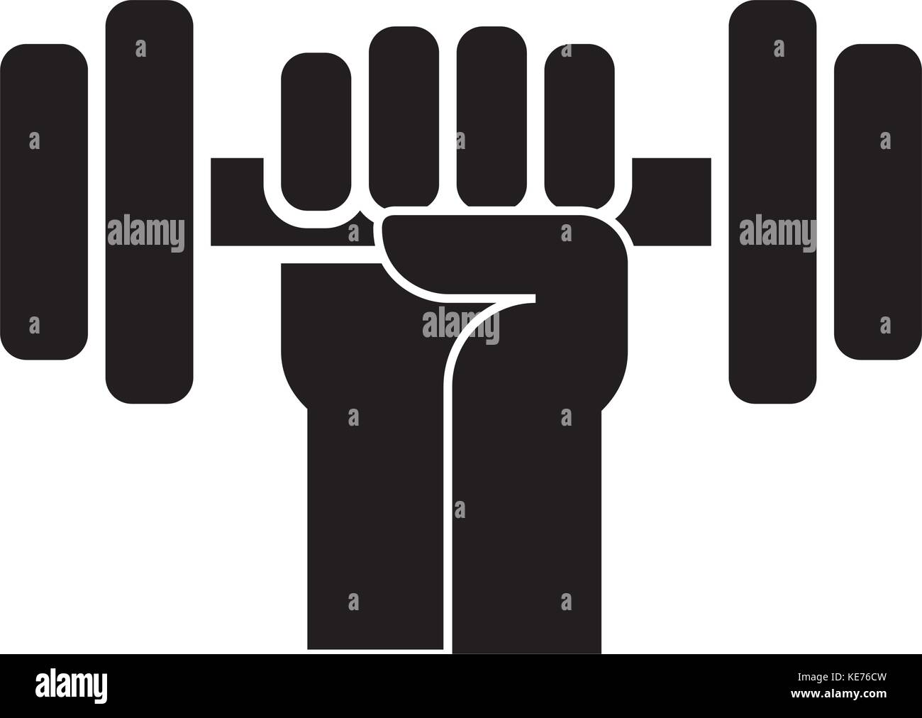strong hand with dumbbell icon, vector illustration, black sign on ...
